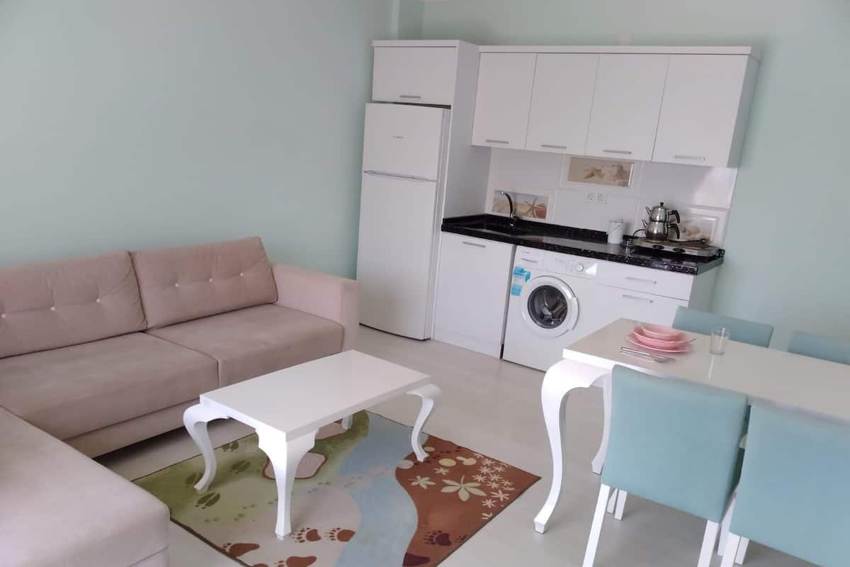 Um espaço de estar compacto com sofá, mesa de centro, mesa de jantar com cadeiras, máquina de lavar roupa e kitchenette com armários e bancada.