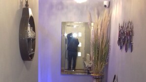 Um corredor com piso estampado, um espelho, um candeeiro fixado na parede e um vaso com planta.
