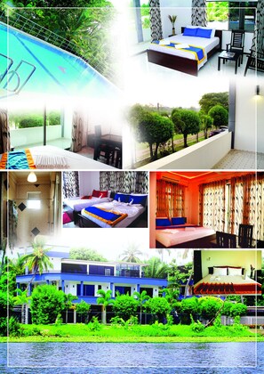 Um hotel com vários quartos, cada um com uma cama, uma cadeira e vista para o exterior.