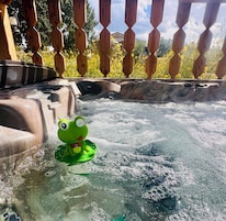 Uma banheira de hidromassagem com um brinquedo de sapo na água, cercada por uma cerca de madeira e flores amarelas.