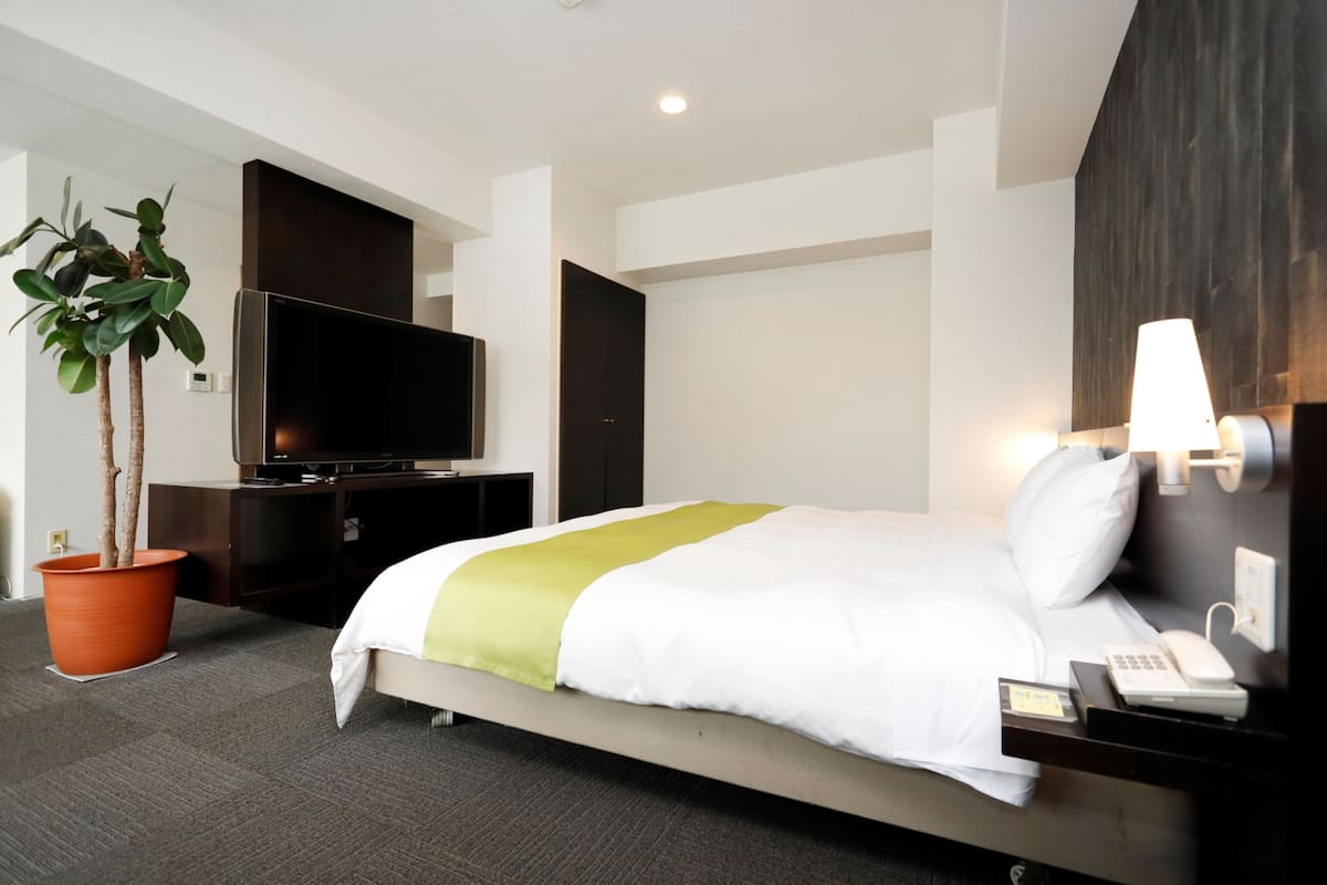 Quarto de hotel com cama, televisão, abajur, telefone e planta em vaso.