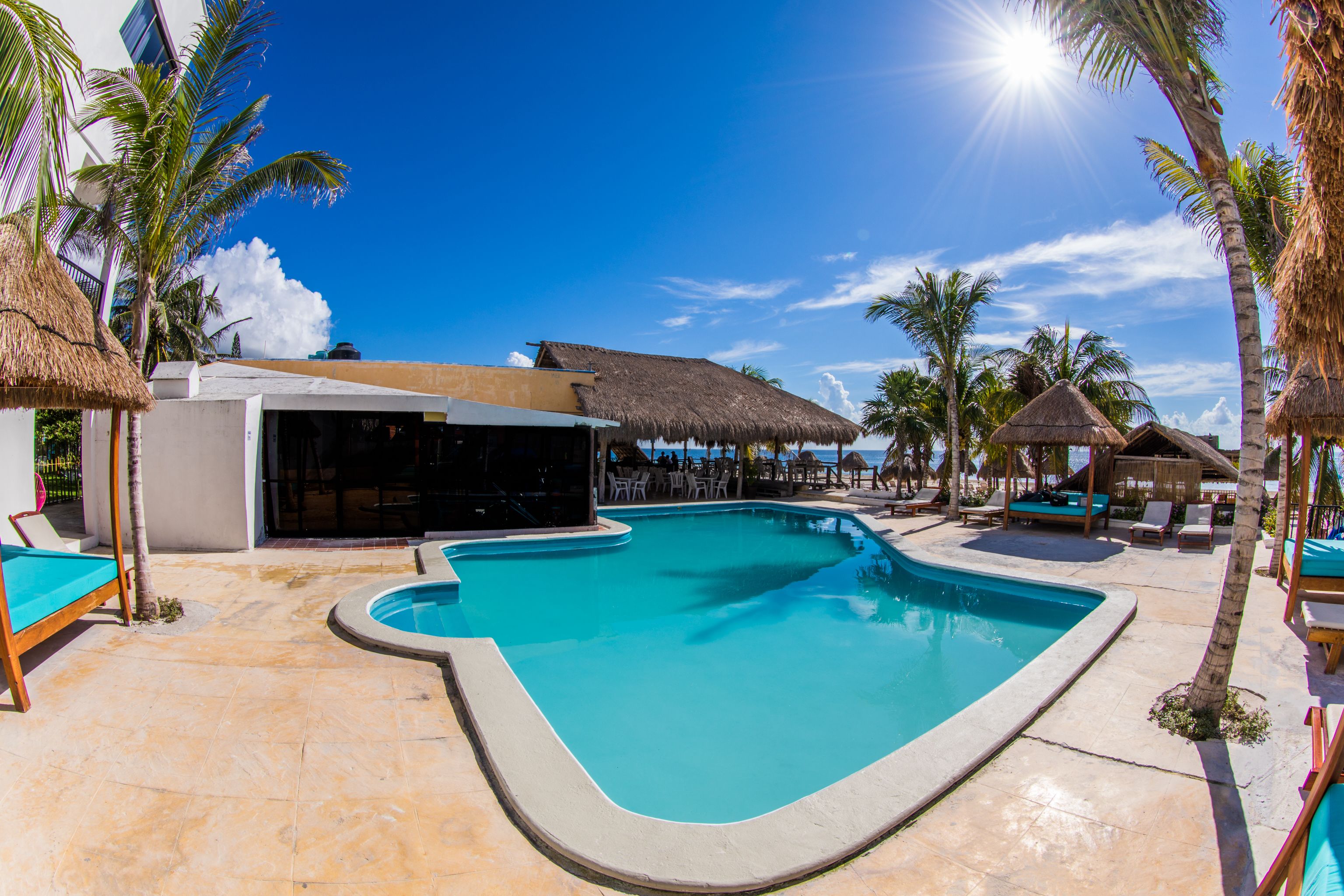 Área de piscina com espreguiçadeiras, estrutura coberta de palha e palmeiras.