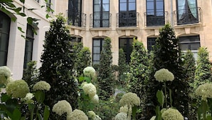 Um edifício com várias janelas e varandas, rodeado por vegetação exuberante e flores brancas.