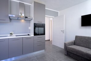 Apartamento luxo, 2 quartos, de frente para o mar | Cozinha privada | Geladeira, micro-ondas, fogão, cooktop