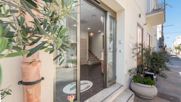 Entrada de hotel com porta de vidro, escada que leva para dentro e plantas em vasos do lado de fora.