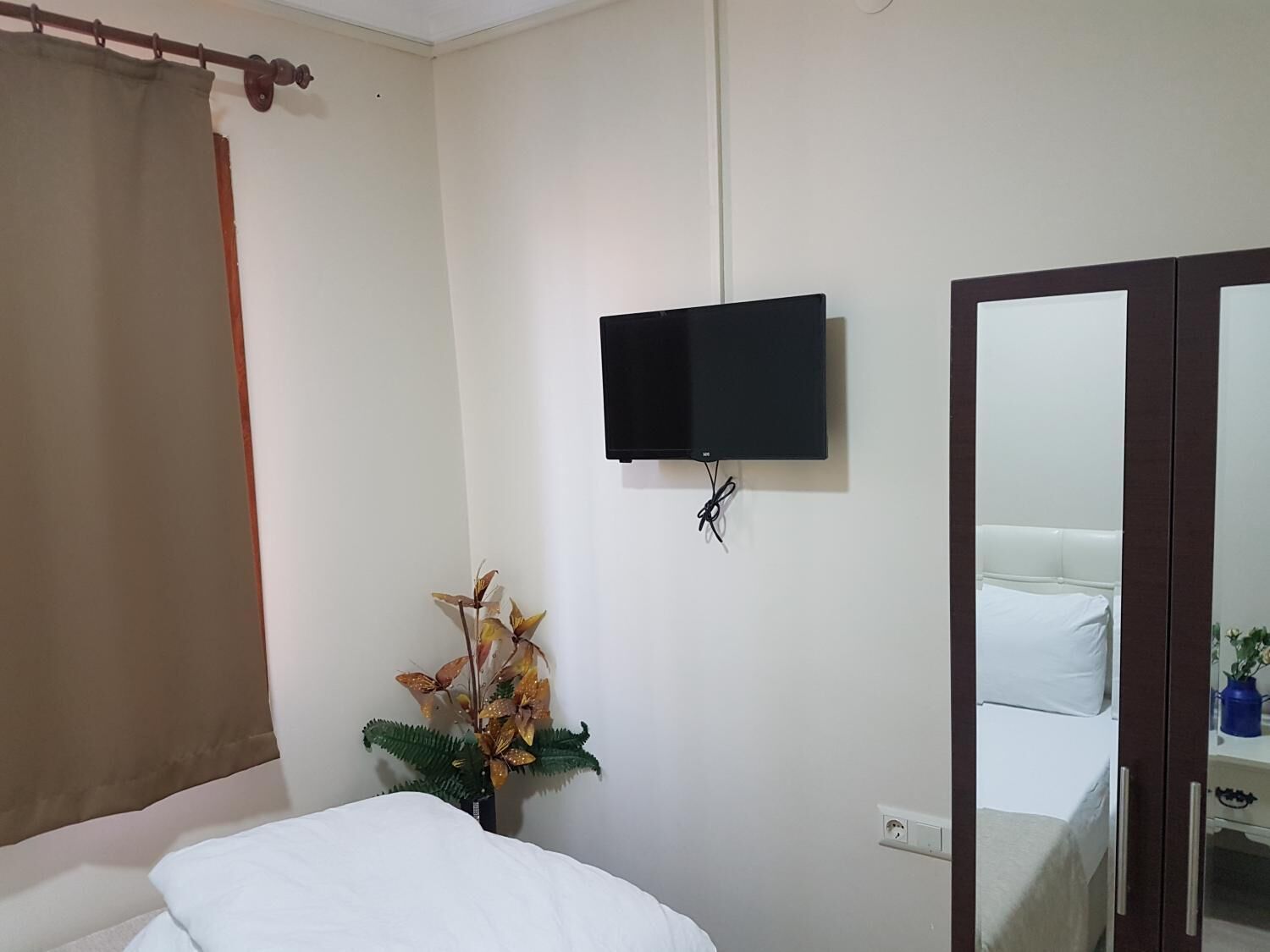 Quarto de hotel com cama, televisão fixada na parede, planta e guarda-roupa.