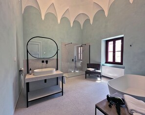 Junior Suite Deluxe | Casa de banho | Um polibã e uma banheira separados, um secador de cabelo, um bidé 