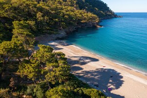 Perto da praia, guarda-sóis de praia 