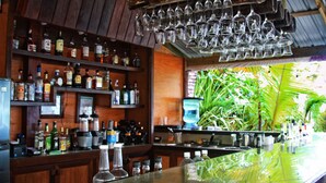 Um bar com prateleiras cheias de garrafas de bebidas, um balcão com utensílios de bar e copos pendurados.