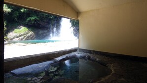 Uma nascente termal de pedra com vista para uma cachoeira e praia.