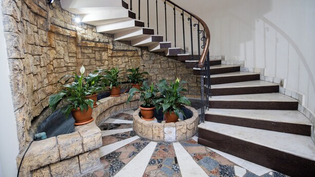 Escadaria em espiral com parede de pedra e plantas em vasos.