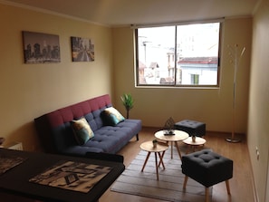 Apartamento Standard, 1 cama de casal e sofá-cama | Sala de estar | Televisor de ecrã plano de 40 polegadas com canais por cabo, televisor