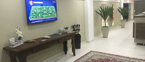 Uma sala de estar moderna com uma TV de tela plana na parede exibindo um jogo esportivo, um console de madeira escura com objetos decorativos, um tapete estampado e plantas em vasos ao longo da parede.