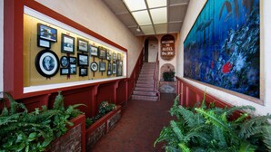 Um corredor com uma parede de fotografias emolduradas, uma escada e um mural submarino.