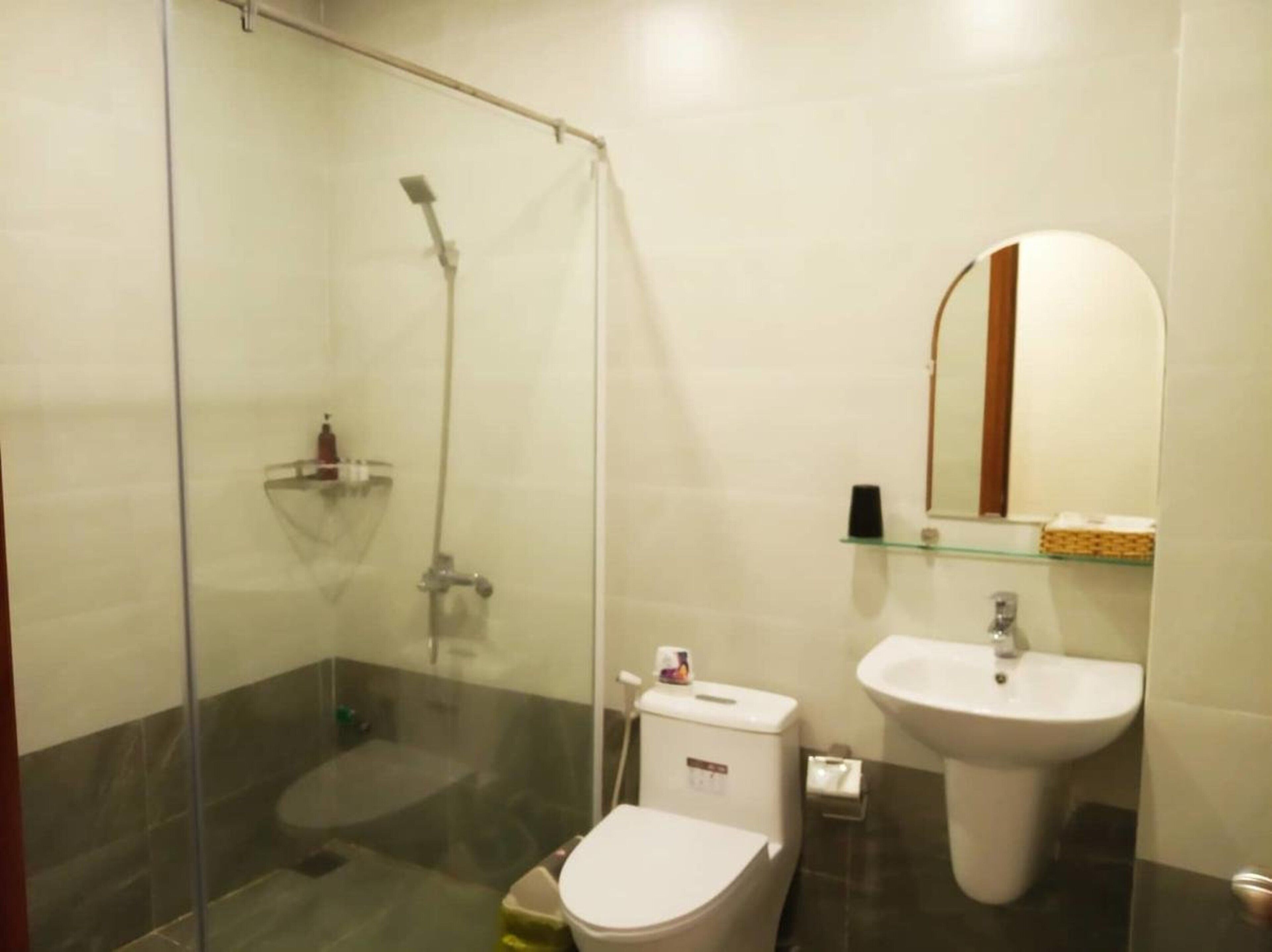 Uma casa de banho com chuveiro em cabine de vidro, sanita e lavatório com espelho em cima.