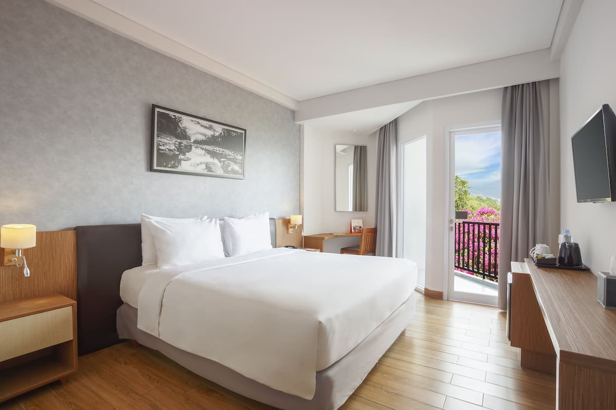 Quarto de hotel com uma cama grande, uma mesa, uma televisão e uma varanda com vista para o verde.