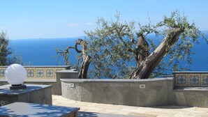 Uma área externa com assentos, vasos de pedra, uma mesa de madeira e vista para o mar.
