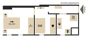 Planta baixa do apartamento Grundriss 5, com um quarto de 180 x 200, cozinha, banheiro e área de lavanderia.