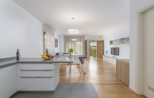 Apartamento Premium, vista para o jardim (Patio) | Cozinha privada | Um frigorífico/congelador grande, um forno, uma placa de cozinha 