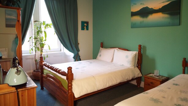 Quarto com cama de madeira, mesa de cabeceira, luminária, janela com cortinas, um quadro na parede e uma planta.