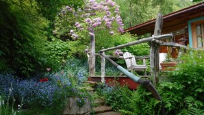 Estrutura de madeira rústica com um banco, cercada por vegetação exuberante e plantas floridas.