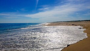 Uma praia com céu claro e reflexos do sol na água.