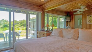 Quarto com uma cama grande, uma escrivaninha com luminárias, um ventilador e vista para o exterior por uma porta de correr.
