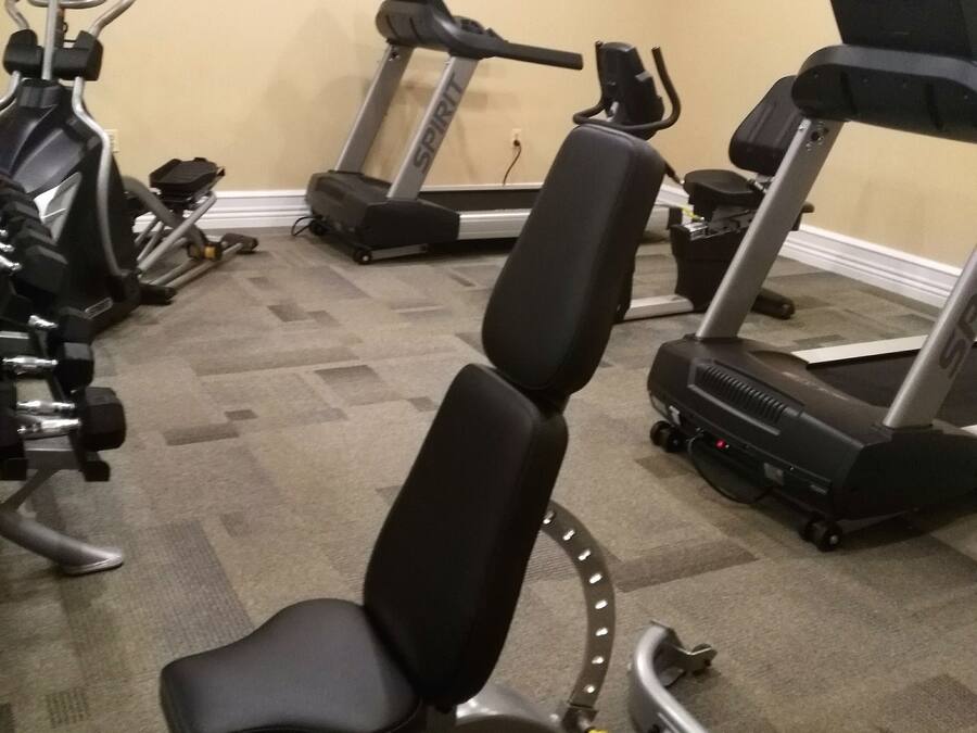Uma academia com diversos equipamentos de ginástica, incluindo esteira, bicicleta ergométrica e aparelhos de musculação.