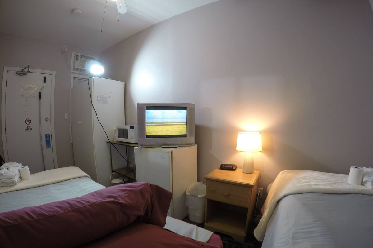 Quarto de hotel com duas camas, uma televisão sobre uma mesinha, uma luminária e uma lixeira.