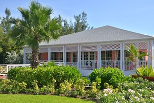 Um pavilhão coberto com teto de treliça branca, rodeado por vegetação exuberante e plantas floridas.