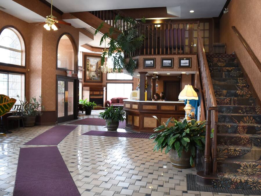 Um hall com balcão de recepção, escada com motivos florais e plantas em vasos.
