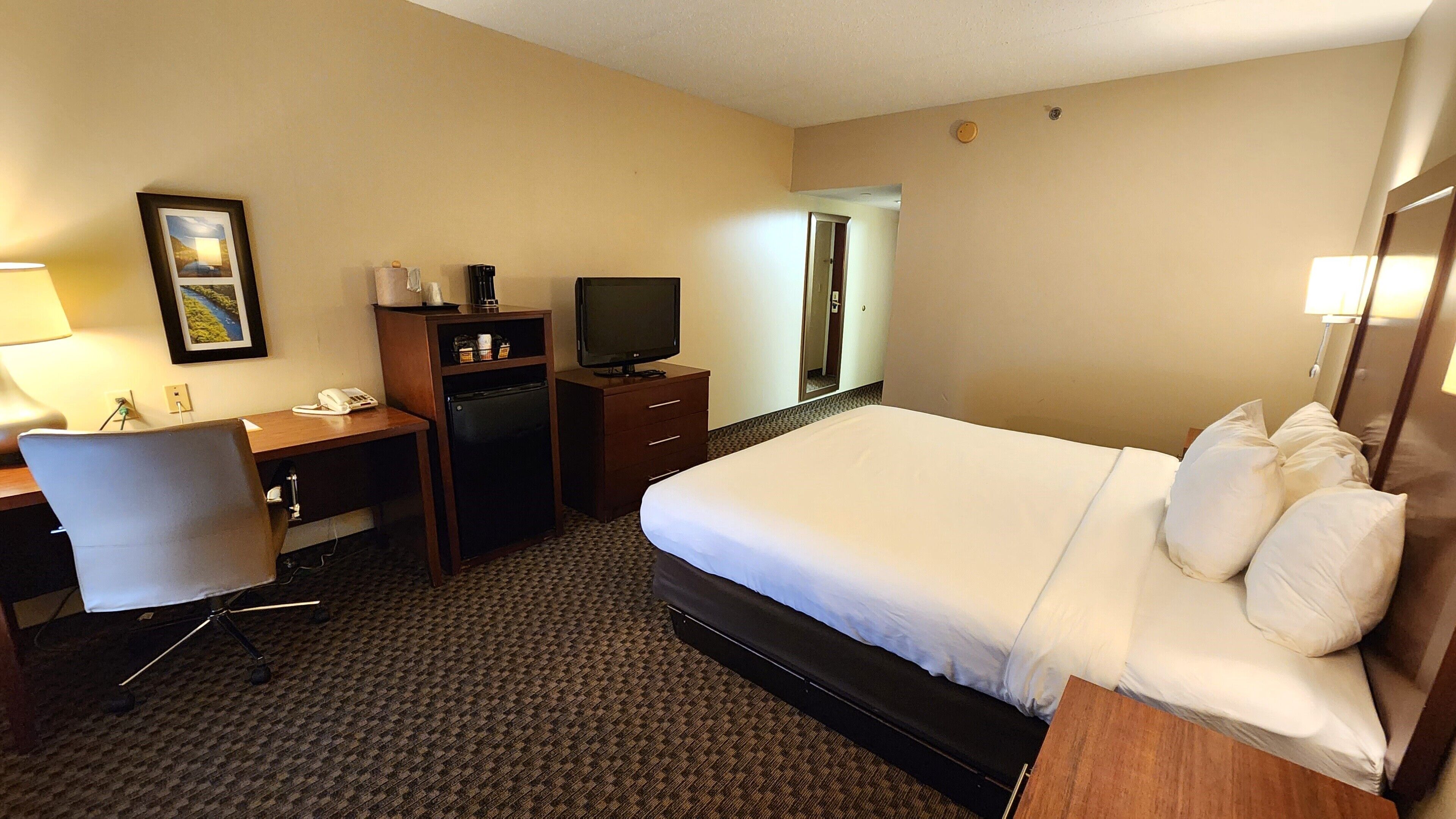 Quarto de hotel com cama, escrivaninha, cadeira, televisão e um pequeno frigorífico.
