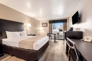 Quarto de hotel com cama, mesas de cabeceira, escrivaninha, cadeira, televisão e janela com cortinas.