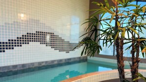 Piscina interna com parede revestida e mosaico de golfinho.