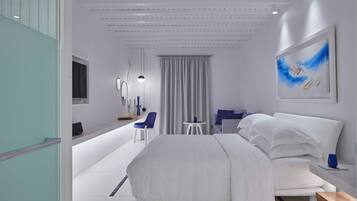 Quarto de hotel moderno com uma cama grande, uma escrivaninha com cadeira, uma mesinha e um quadro na parede.