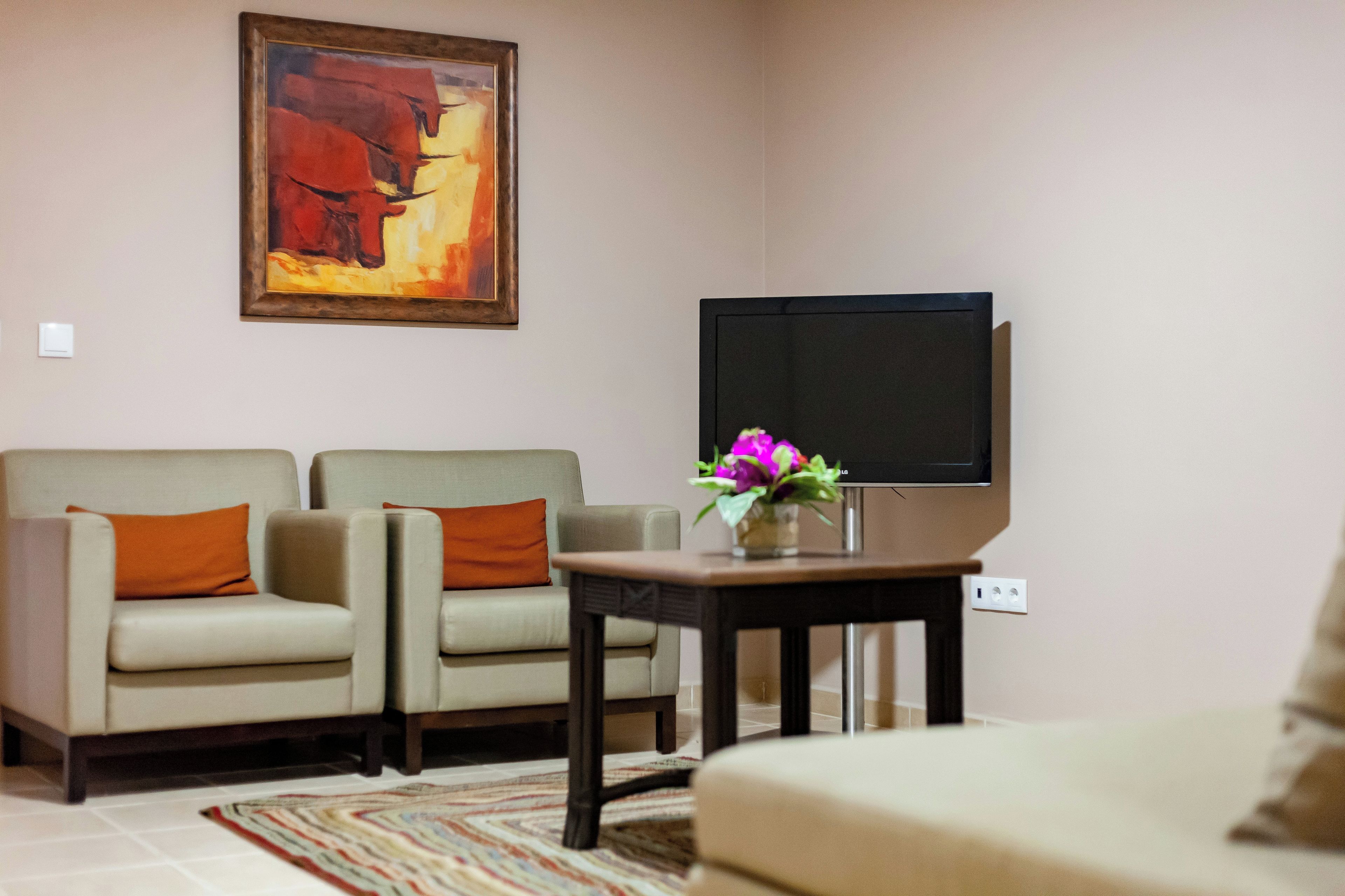 Sala de estar com sofá, mesa de centro, televisão de tela plana e um quadro na parede.