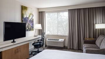 Quarto de hotel com cama, escrivaninha com televisão de tela plana, cadeira, sofá, janela com cortinas e aparelho de ar condicionado.