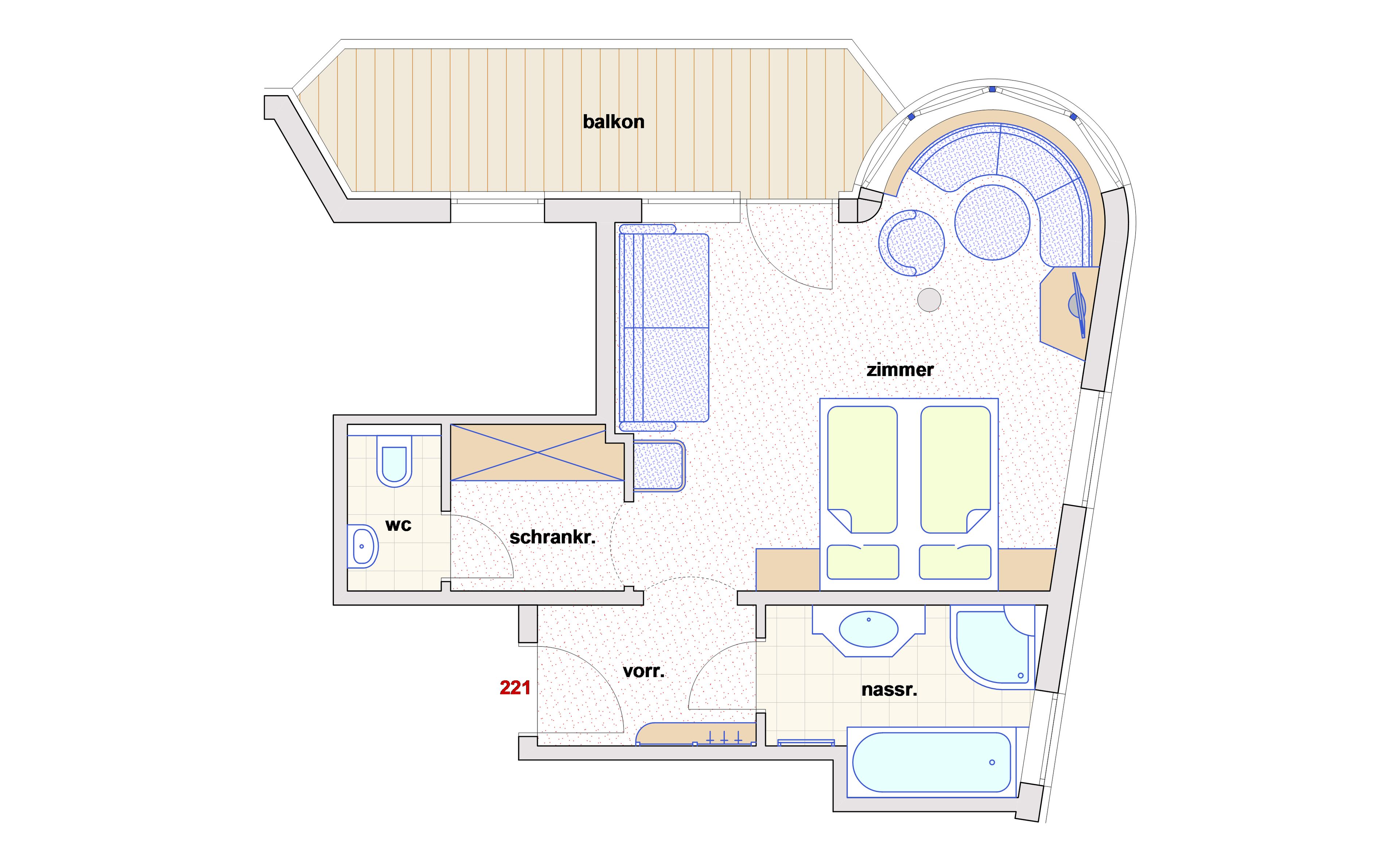 Planta baixa de um hotel com varanda, banheiro, sala de estar, área de jantar e piscina.