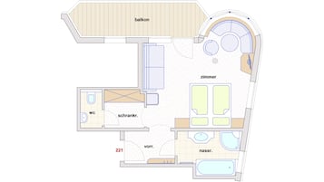 Planta baixa de um hotel com varanda, banheiro, sala de estar, área de jantar e piscina.