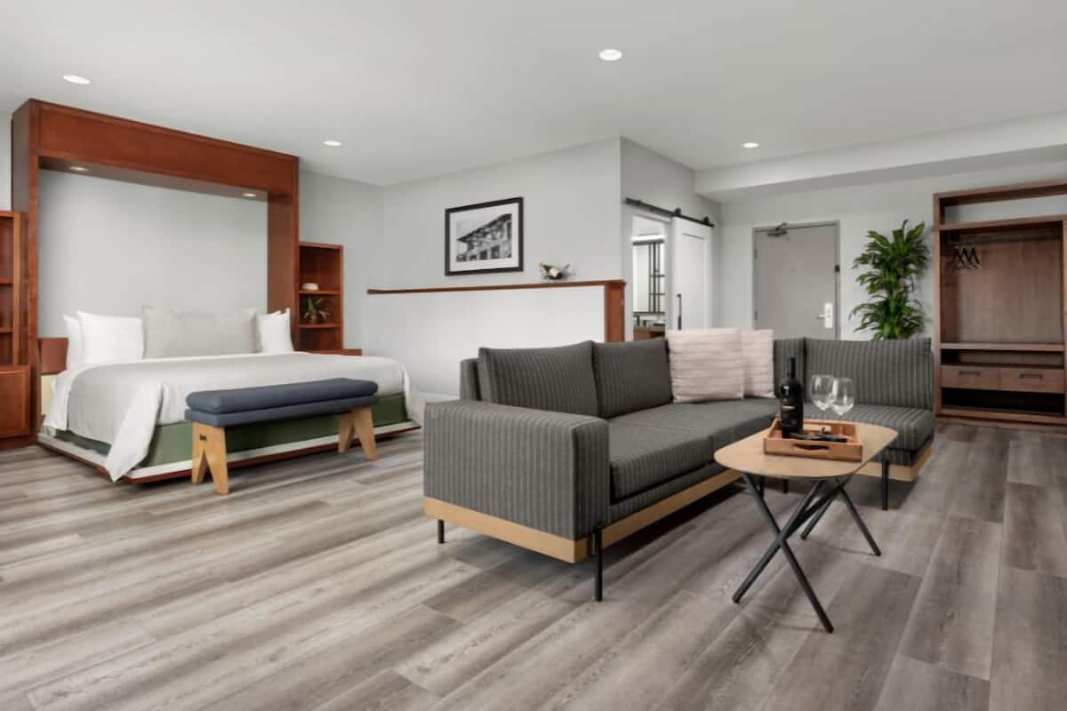 Quarto de hotel moderno com uma cama, um sofá, uma mesinha e um guarda-roupa.