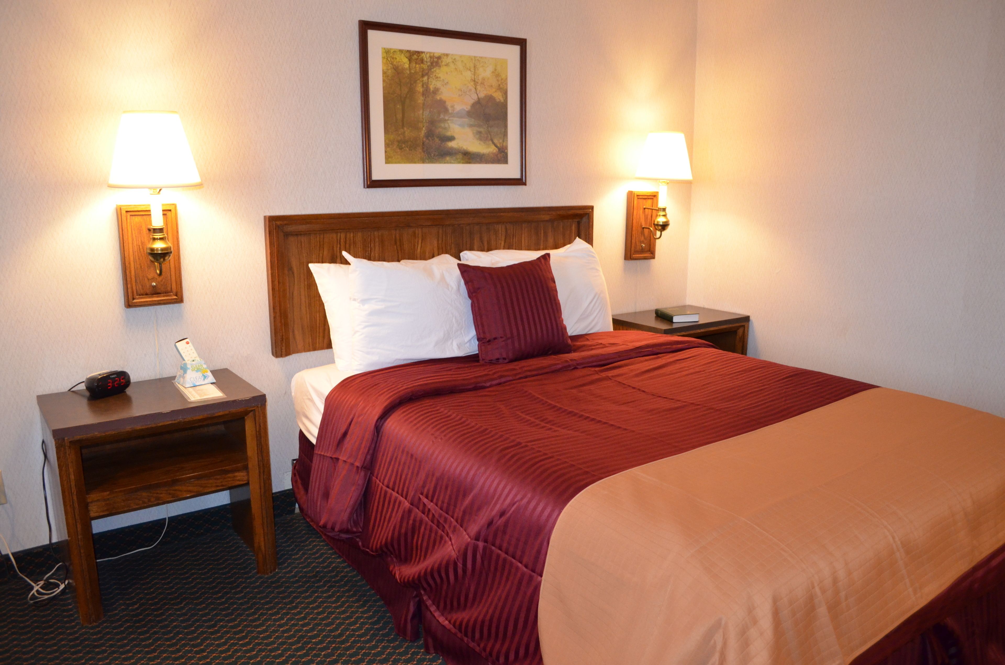 Quarto de hotel com uma cama grande, duas mesas de cabeceira, um criado-mudo, um quadro na parede e duas luminárias de parede.