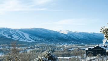 Uma pousada com vista para montanhas cobertas de neve e um vale.