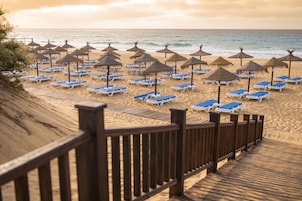 Uma praia com fileiras de espreguiçadeiras e guarda-sóis de palha, um calçadão de madeira e o oceano ao fundo.