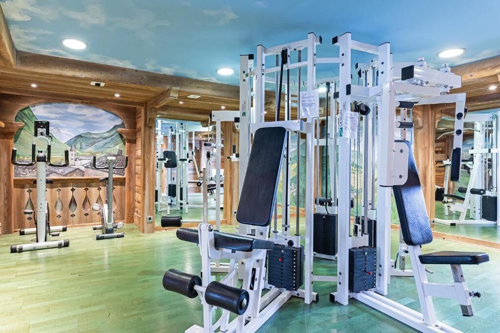 Academia com diversos equipamentos de exercícios, paredes de madeira e um mural com paisagem de montanhas.