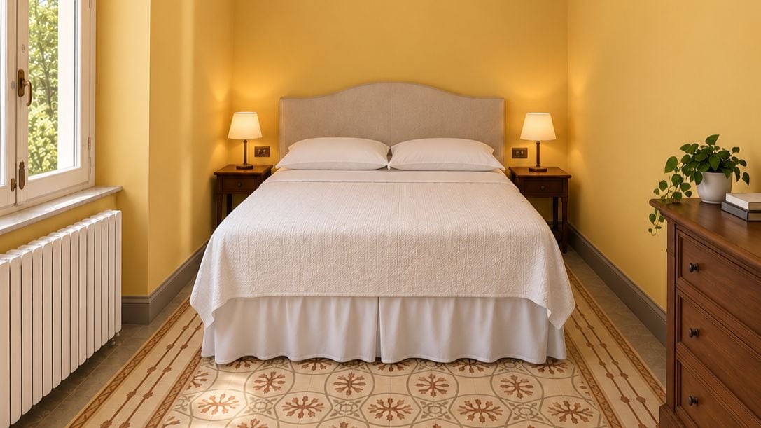 Cama bem arrumada com colcha e travesseiros brancos, com duas luminárias de cabeceira em mesinhas de madeira. Um radiador é visível à esquerda, e um vaso de planta está do lado direito do quarto.