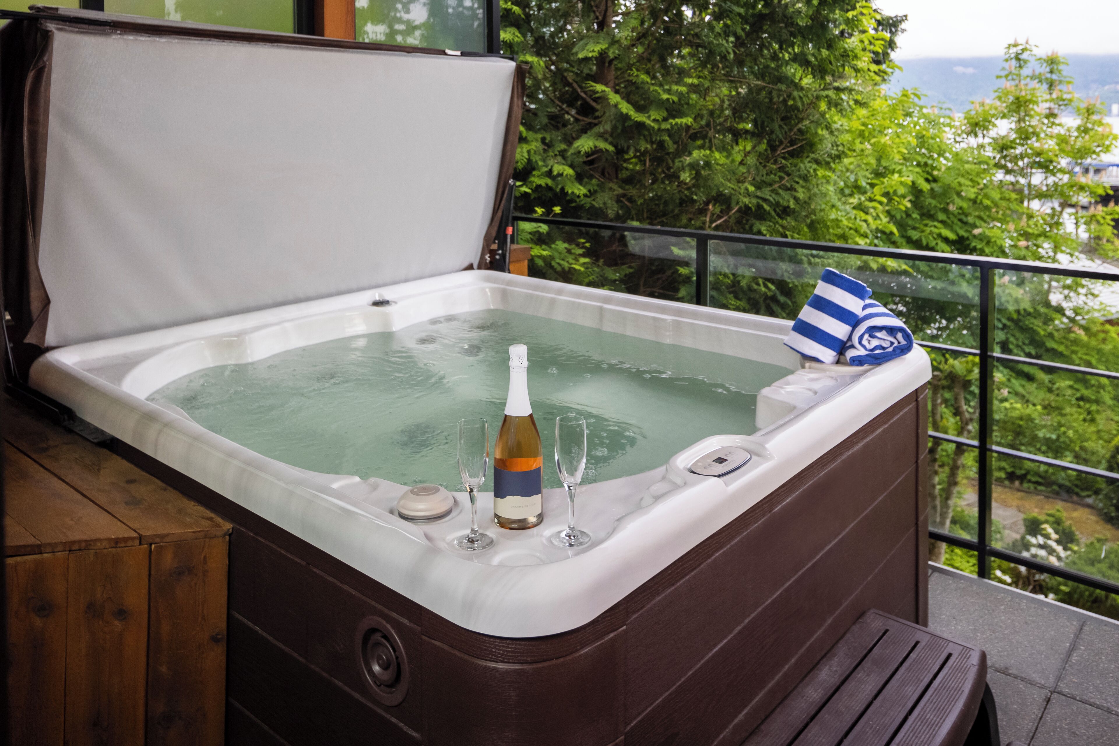 Uma banheira de hidromassagem com uma garrafa de vinho e copos, em uma varanda com vista para árvores e um corpo d'água.