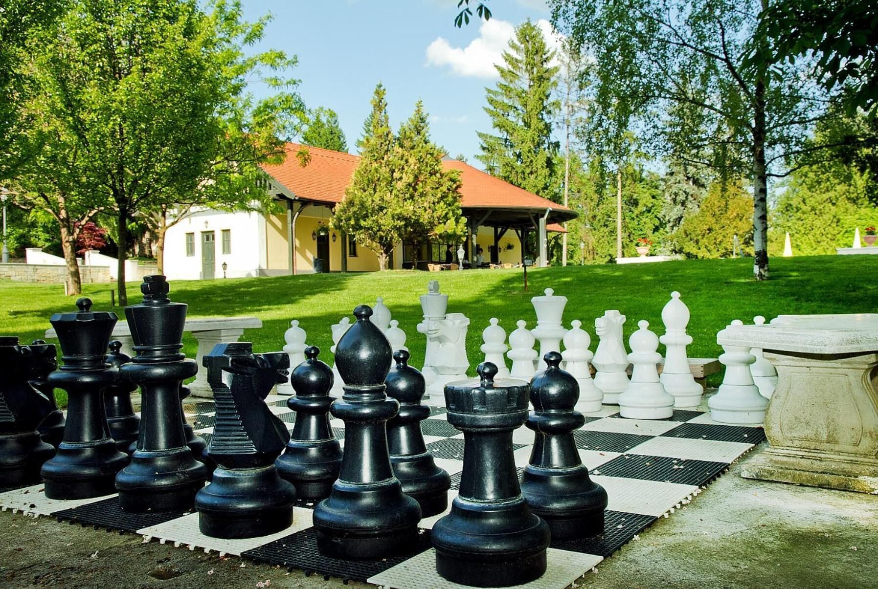 Um jogo de xadrez ao ar livre, com um parque e edifícios ao fundo.