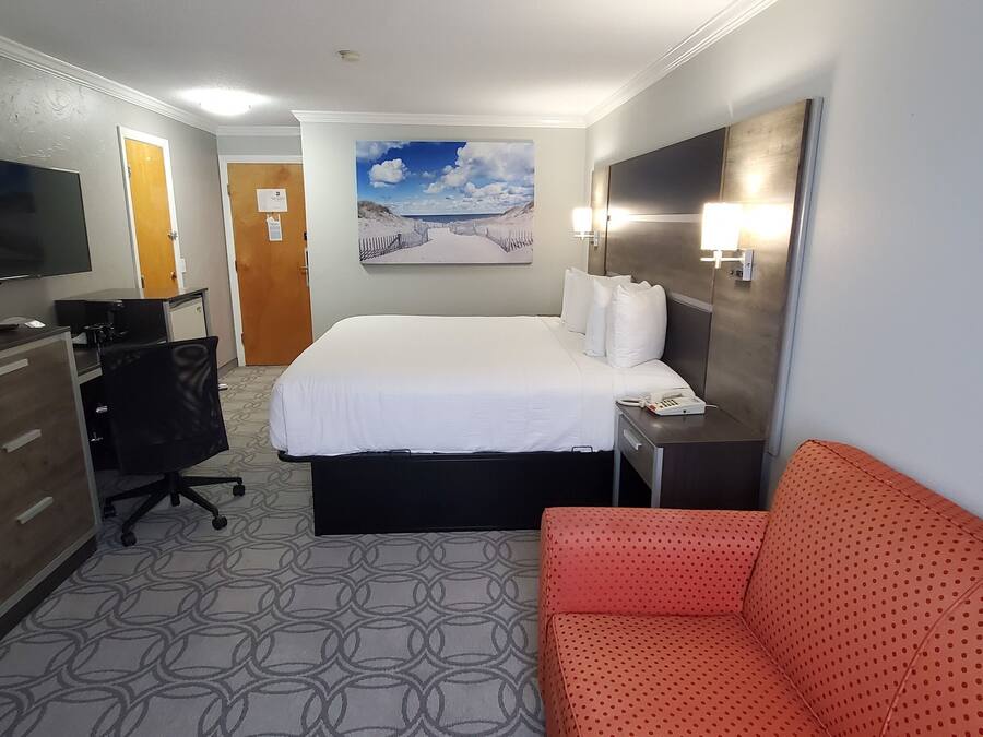 Quarto de hotel com cama, escrivaninha, cadeira, televisão, pintura e sofá.