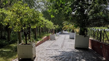 Uma trilha pavimentada, bordeada por árvores e vasos de plantas, que conduz a uma vista distante.