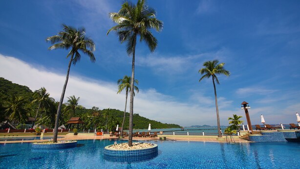 Uma piscina azul cristalina com palmeiras, espreguiçadeiras e vista para o mar.